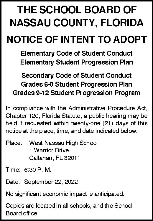 THE SCHOOL BOARD OF NASSAU COUNTY, FLORIDA NOTICE OF INTENT TO ADOPT ...